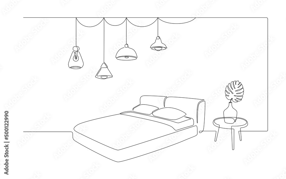 Continuous one line drawing of bed and table with vase with monstera ...
