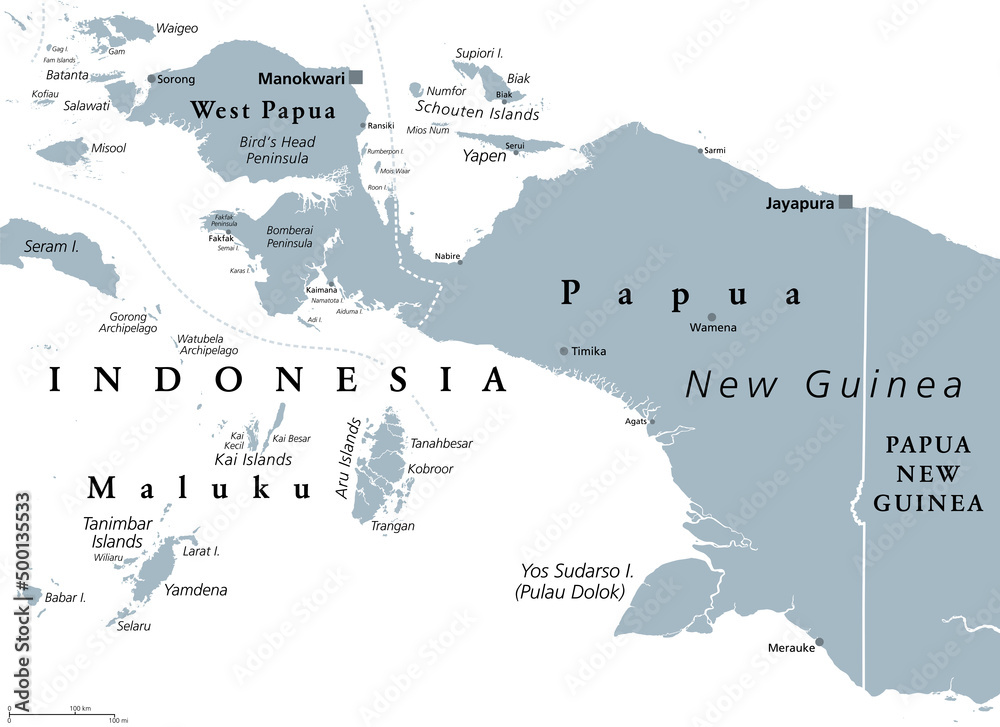 Western New Guinea, gray political map. Also Papua, is a Western ...