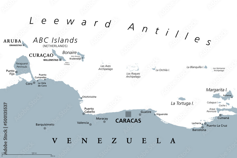 Leeward Antilles, gray political map. Caribbean island chain. From ...