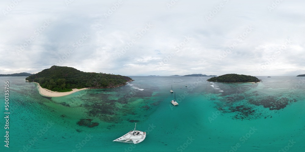 HDRI seamless spherical aerial 360-degree panorama of Praslin island ...