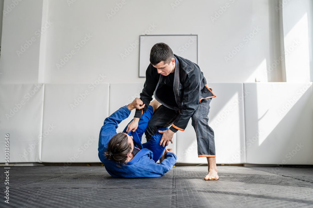 Two brazilian jiu jitsu BJJ athletes training at the academy martial ...
