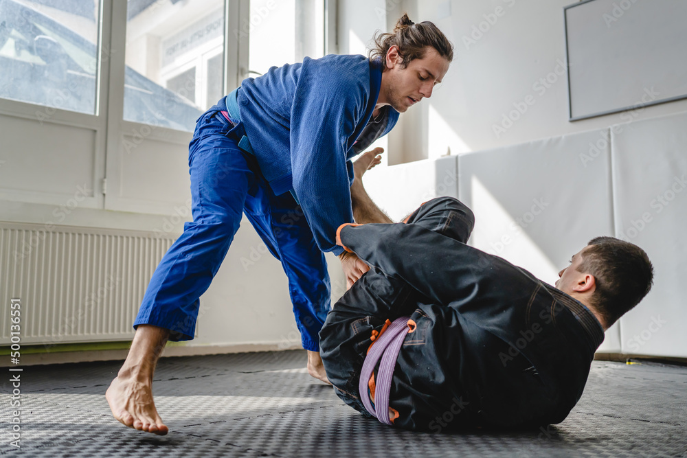 Two brazilian jiu jitsu BJJ athletes training at the academy martial ...