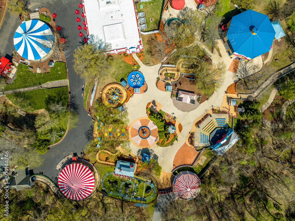 Aerial top down view of deserted abandoned playground with red, white ...