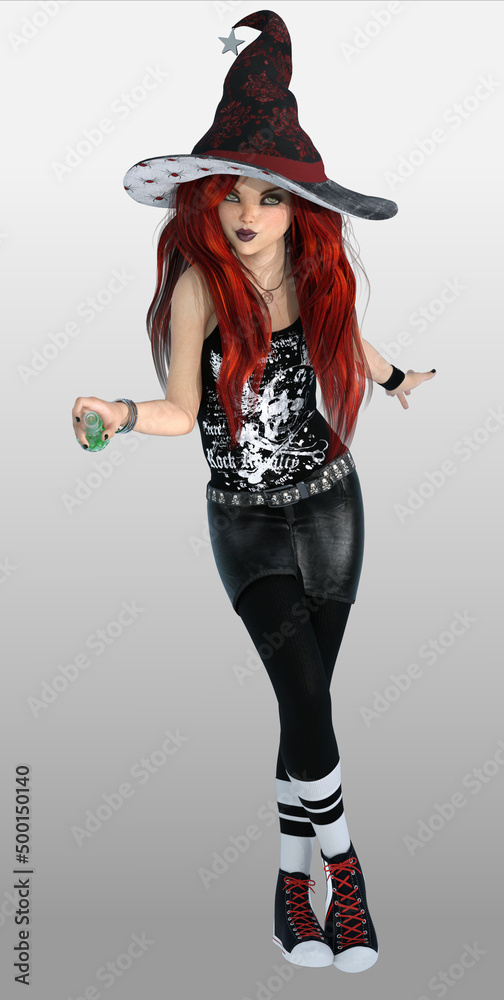 Meg is a young, red-headed female witch on an isolated background. She ...