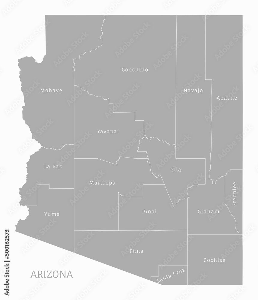 Highly detailed gray map of Arizona, US state Administrative map of ...