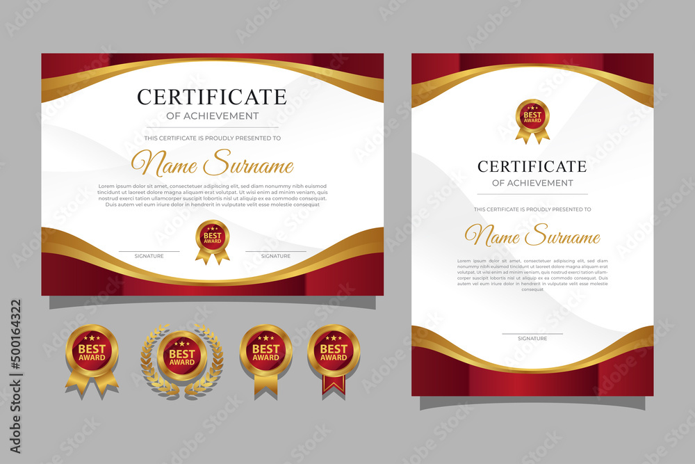 Horizontal and vertical certificate design template with red border and ...