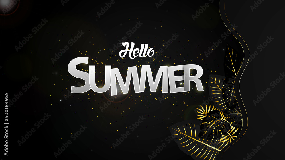 Summer sale poster with black and gold tropical leaves and pattern for ...