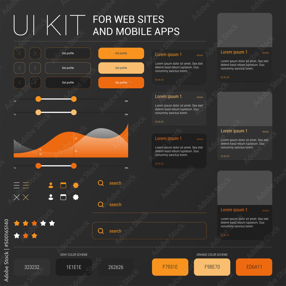 Orange color dark UI kit with buttons, search form, statistic element ...