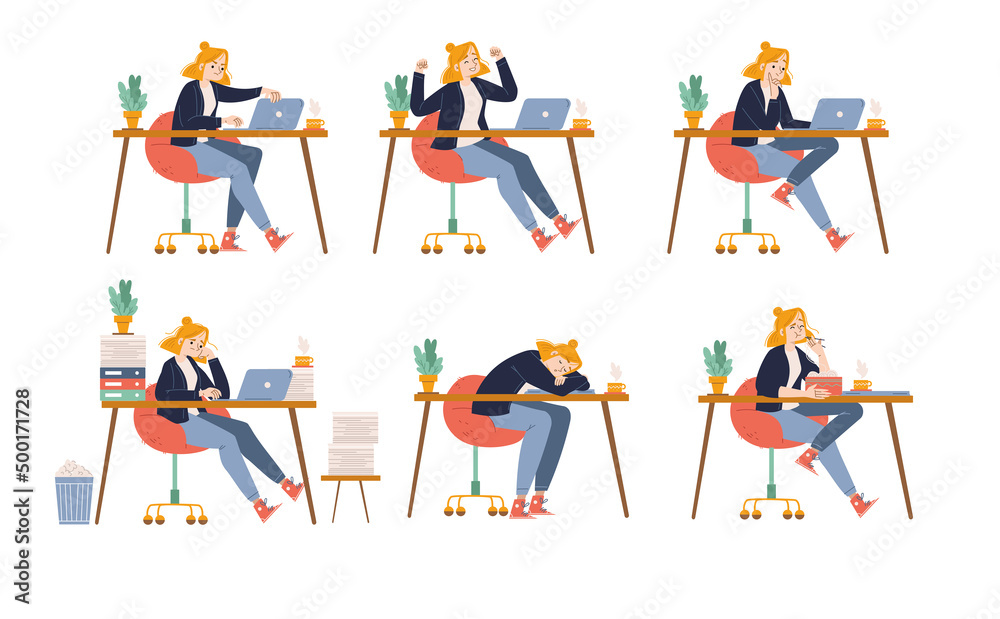 Office worker different emotions and activities, work and ...