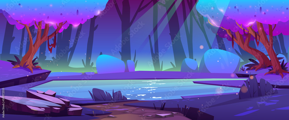 Night forest landscape with secret pond and neon glowing trees. Fantasy ...