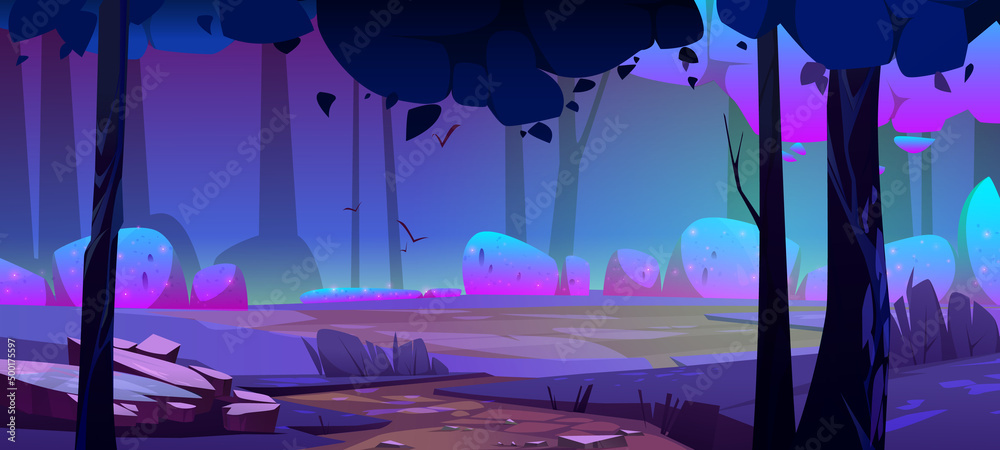 Magic forest landscape with trees and bushes at night. Vector cartoon ...