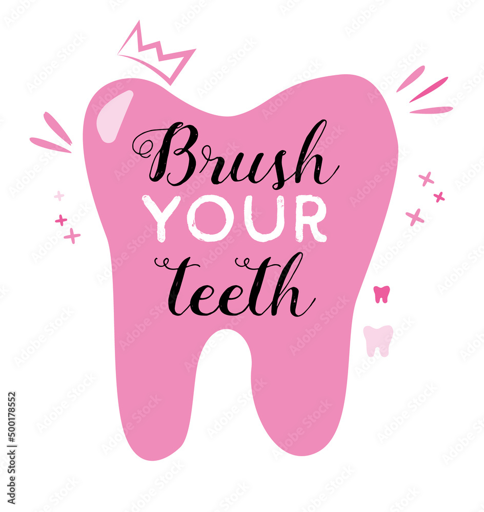 Dental lettering illustration for kids. Typography poster with dental ...
