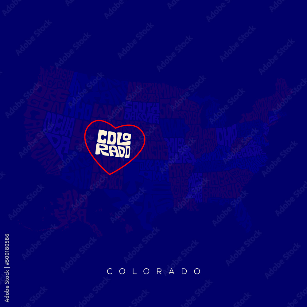 Colorado state map typography. US map lettering with all states name ...