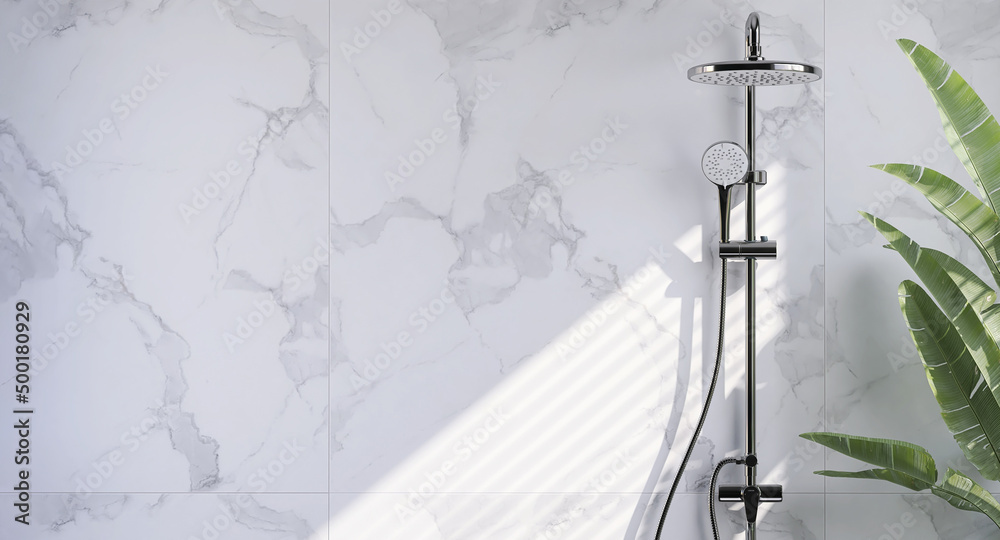3D render modern design rain shower system faucet on empty white clean ...
