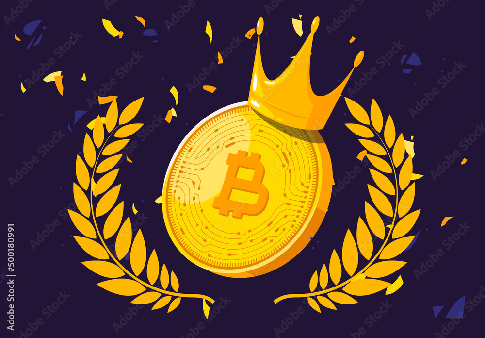 Vector illustration of a bitcoin gold coin with a golden crown and a ...