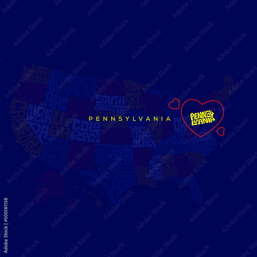 Pennsylvania Map lettering with red heart. US states names map ...