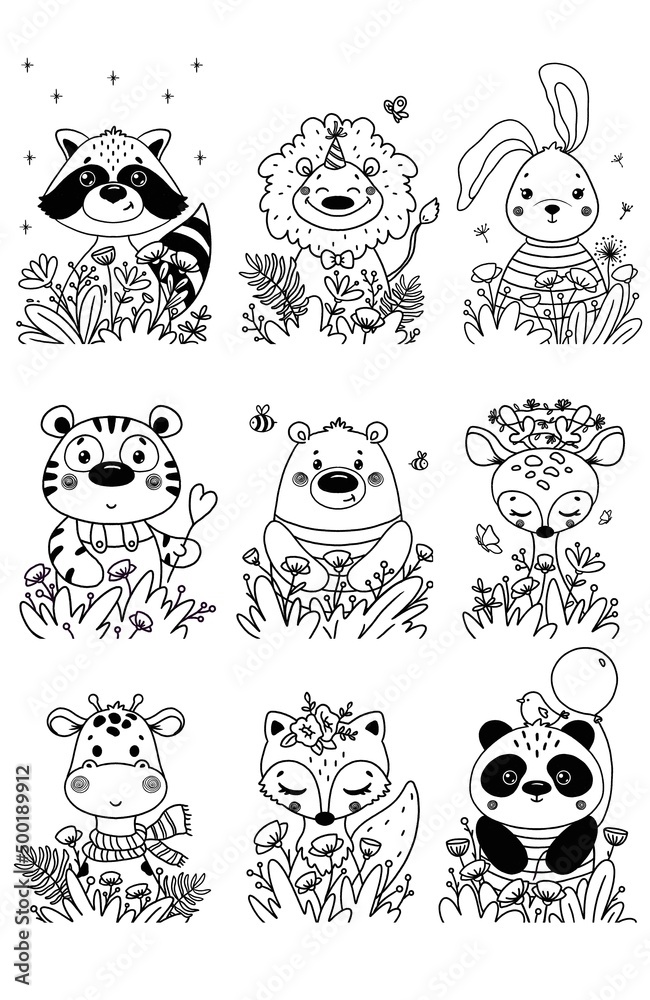 Set of cute cartoon characters outline. Coloring page for kids. Contour ...