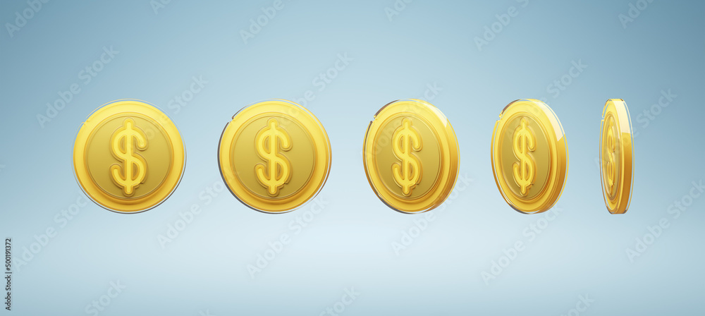 3d set of rotation glossy design gold coin with dollar sign Stock ...
