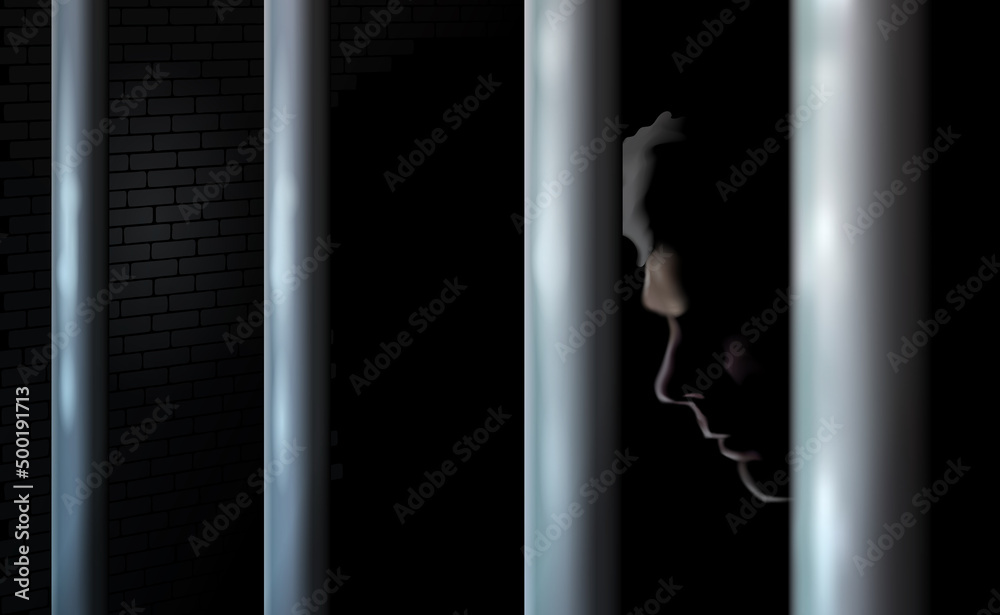 Dark background, prisoner and prison cell. In jail behind bars. Felony ...