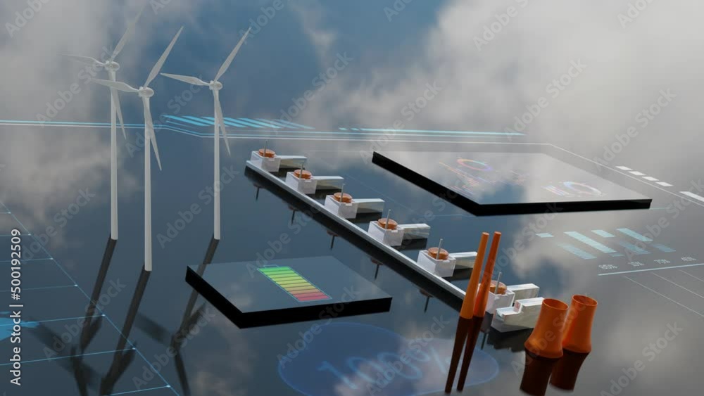 Solar panel, wind turbine and nuclear power green energy concept ...