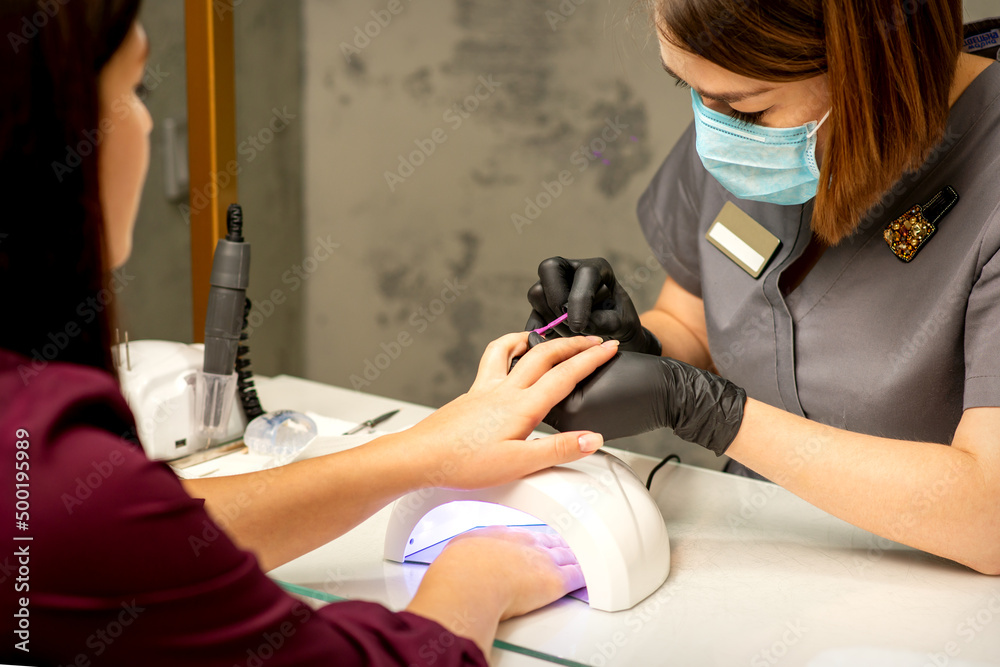 Professional manicure. A manicurist is painting the female nails of a ...