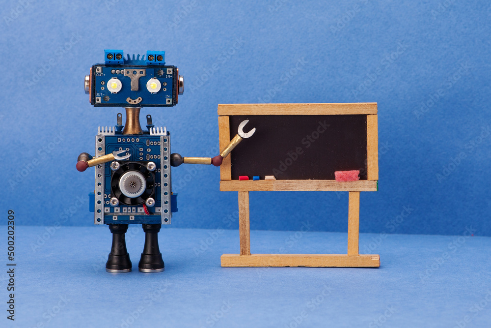 Distance education online learning concept. Robot teacher, abstract ...