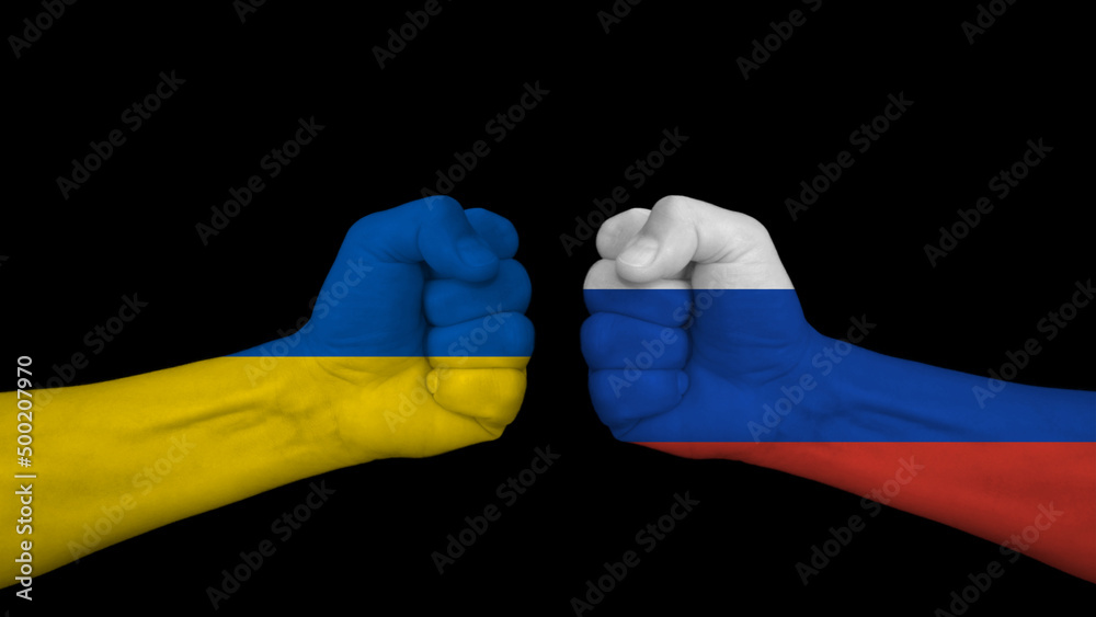 Russia vs versus Ukraine. War between two nations. On black background ...