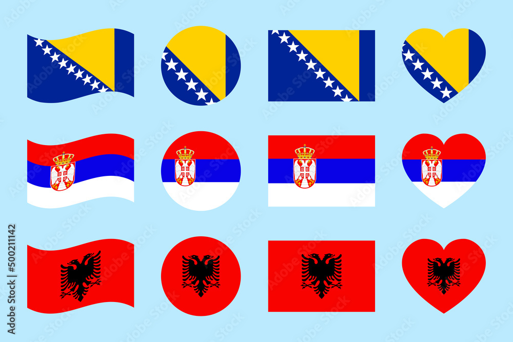 Bosnia and Herzegovina, Serbia, Albania flags vector illustration. The ...