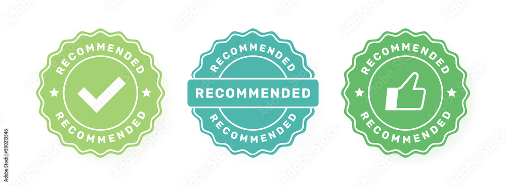 Recommended badge set. Label design with check mark and thumbs up. Good ...