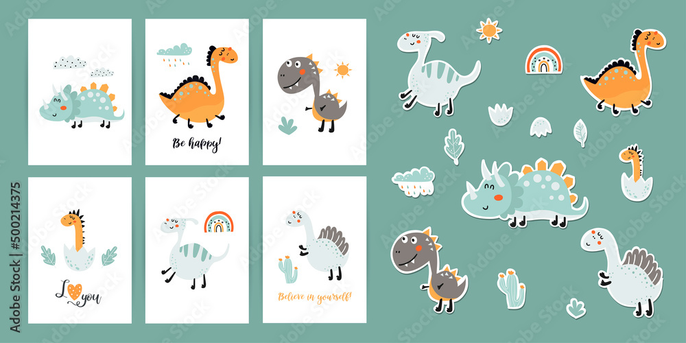 Set of posters with motivational phrases, stickers with cute dinosaurs ...