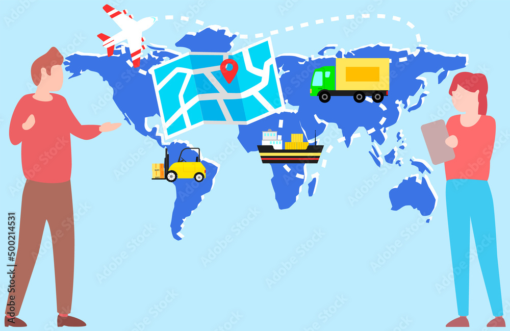 Man and woman working in logistics, worldwide shipping. People analyse ...