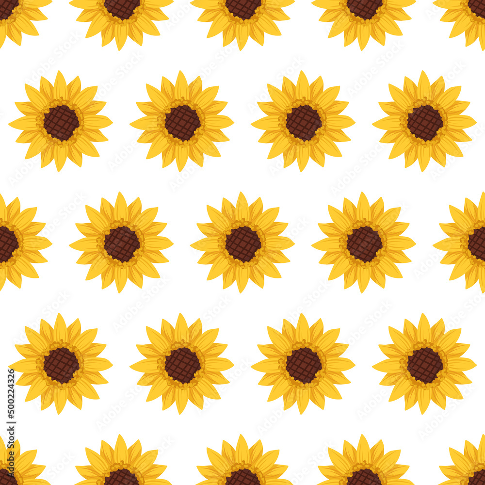 Seamless pattern with yellow sunflowers on white background. Print with ...