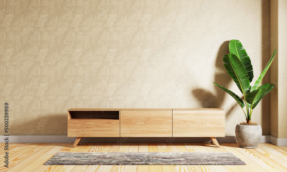 Wooden cupboard cabinet on the middle of modern living room with raw ...