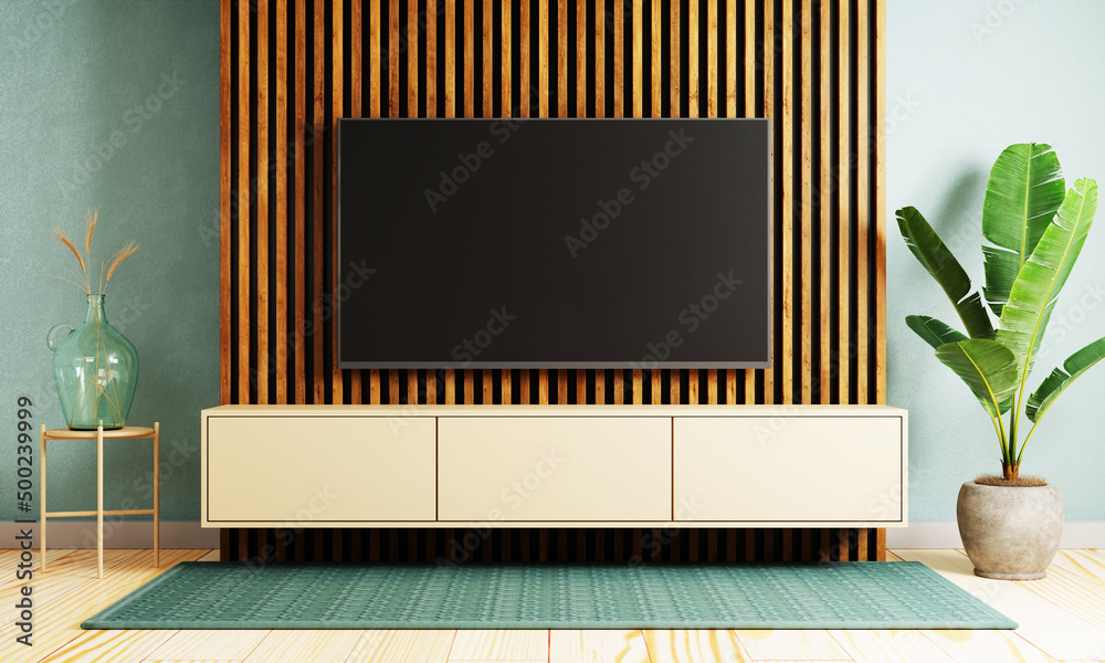 Japanese style modern living room with hanging mockup television tv on ...