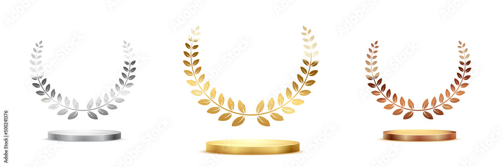 Golden, silver and bronze award signs with podiums laurel wreath ...
