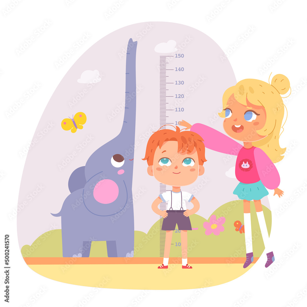 Kids friends measure height with ruler and cheerful elephant vector ...