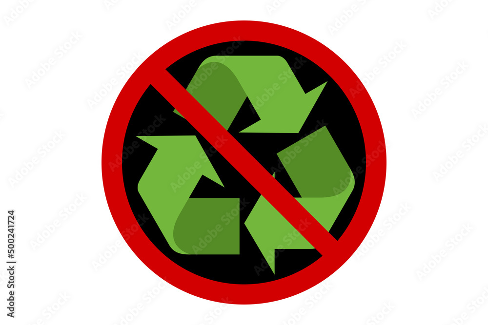 red and black prohibition sign against recycling symbol on white ...