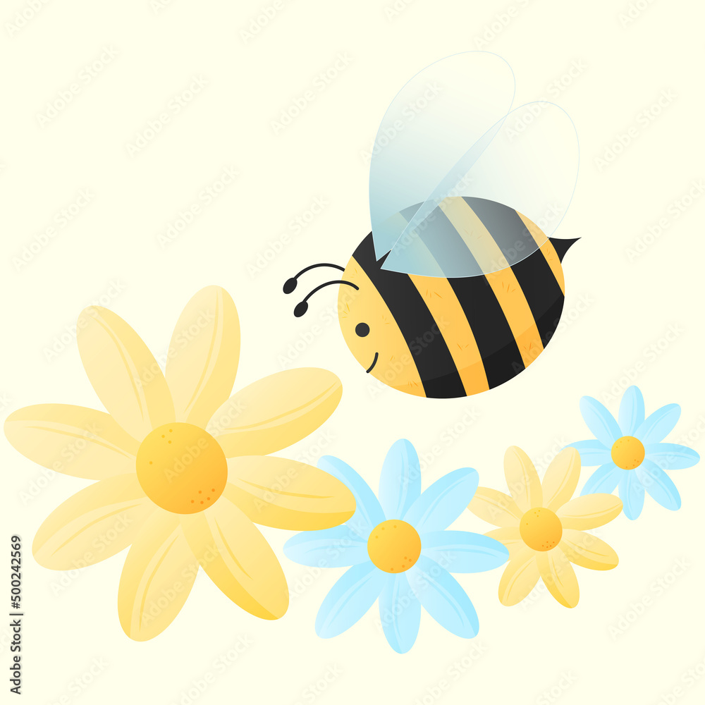 Cute cartoon bee flying over the flowers. Vector illustration. Cartoon ...