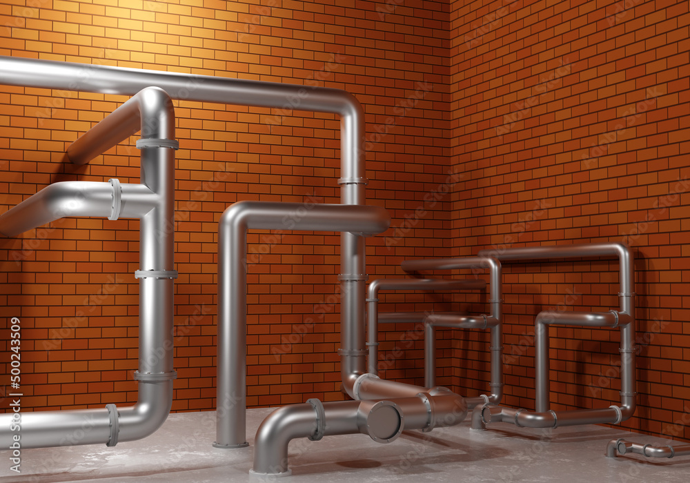 Water pipes. Steel pipeline in front of brick wall. Tangled pipes in ...