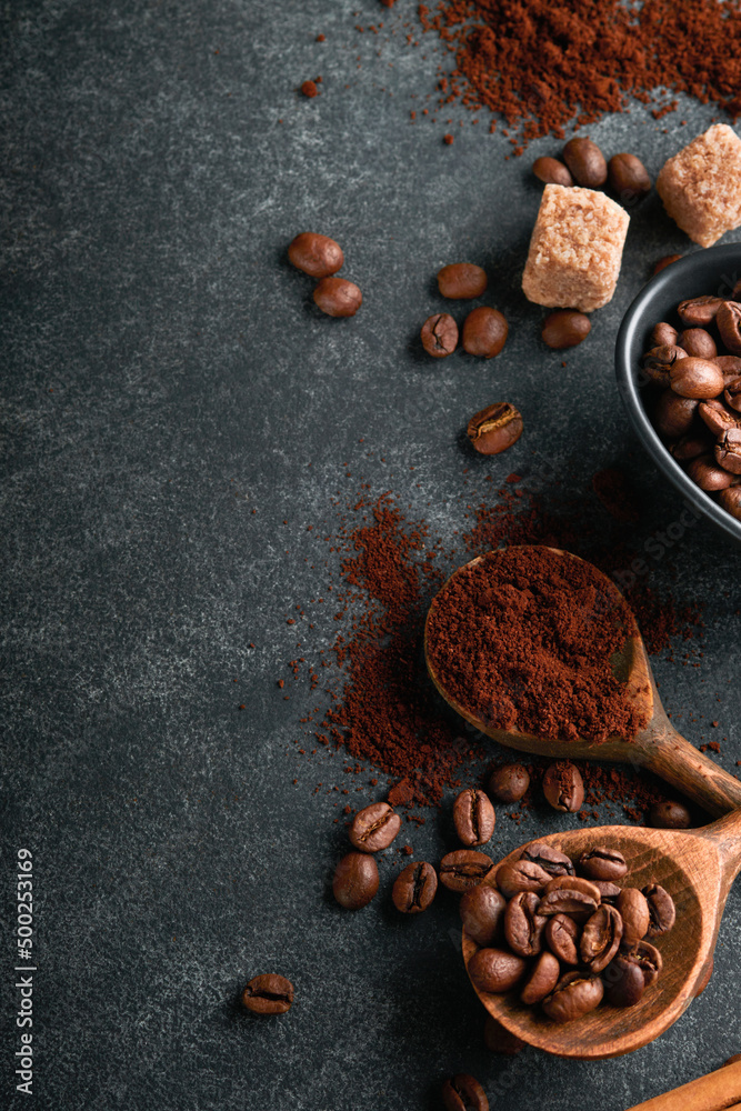 Coffee beans background. Roasted Coffee concept with differents types ...