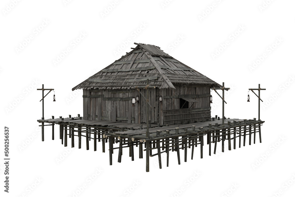 Corner perspective view of old wooden swamp house built on stilts over ...