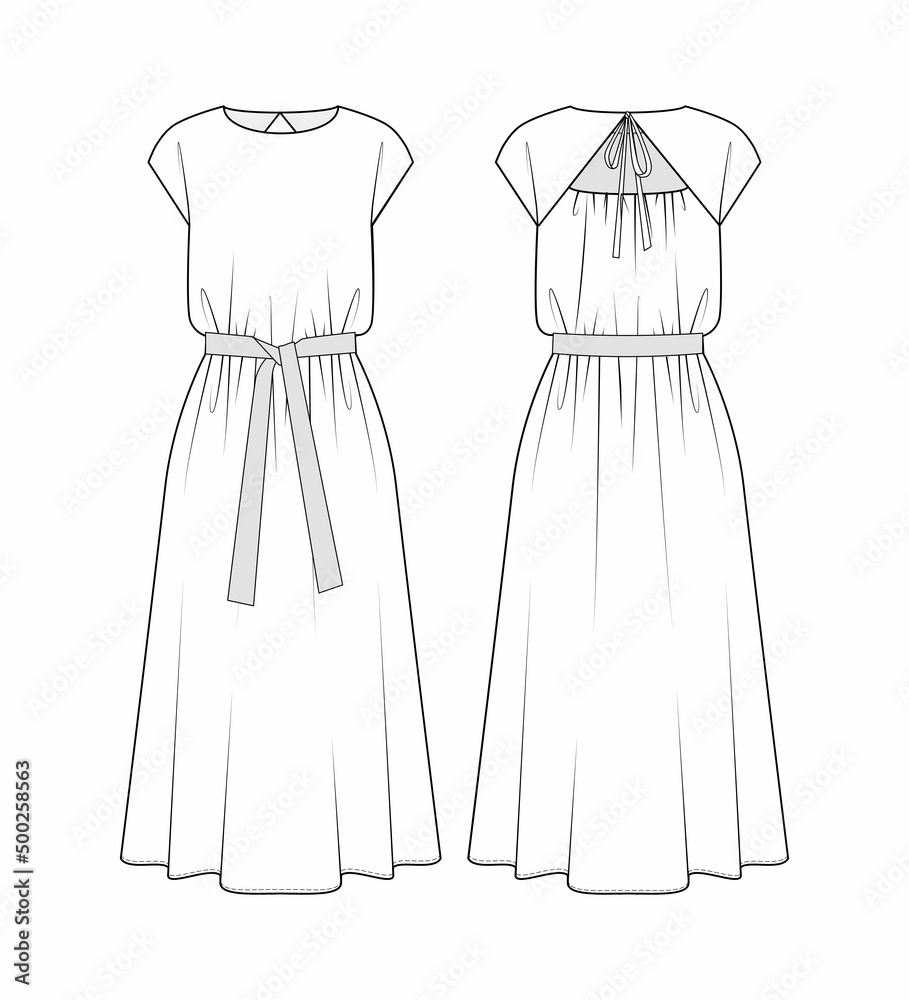 Fashion technical drawing of belted wide dress Stock Vector | Adobe Stock
