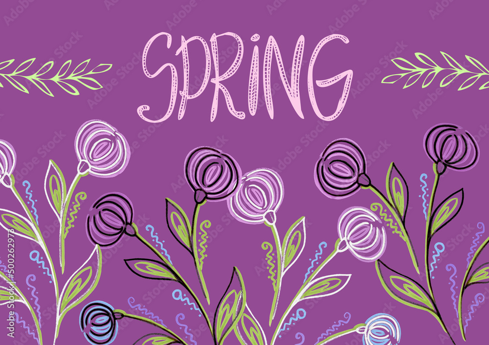 Spring - calligraphy lettering with marker leaves and flowers on purple ...