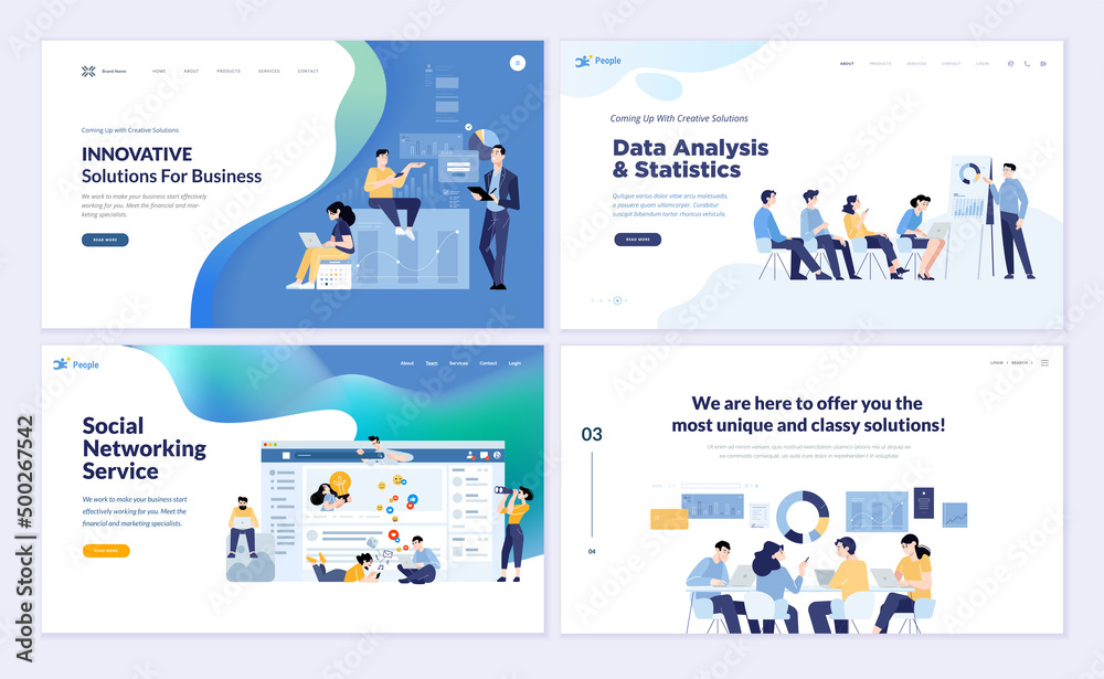 Set of web page design templates of social network, market research and ...
