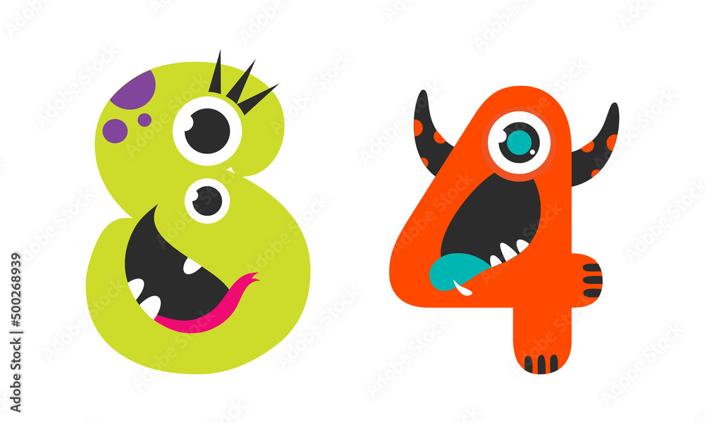 Cute monster numbers. 8, 4 number in shape of funny green and orange ...