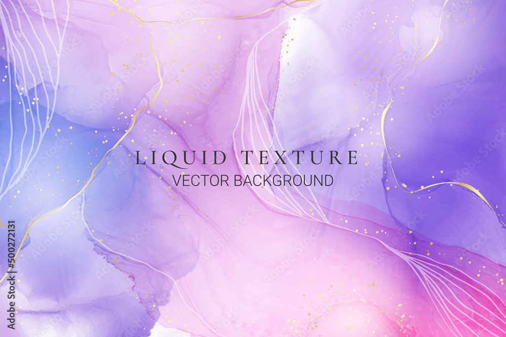 Purple rose and lavender liquid marble background with gold stripes and ...