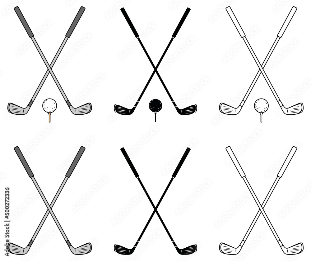 Crossed Golf Clubs And Golf Ball Clipart Set Outline Silhouette