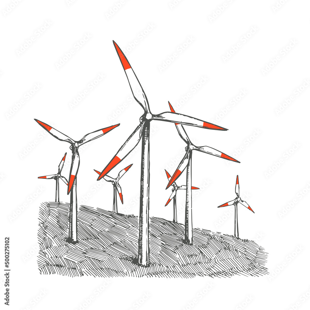 Vector illustration of windmills. Hand drawn sketch of a landscape with ...