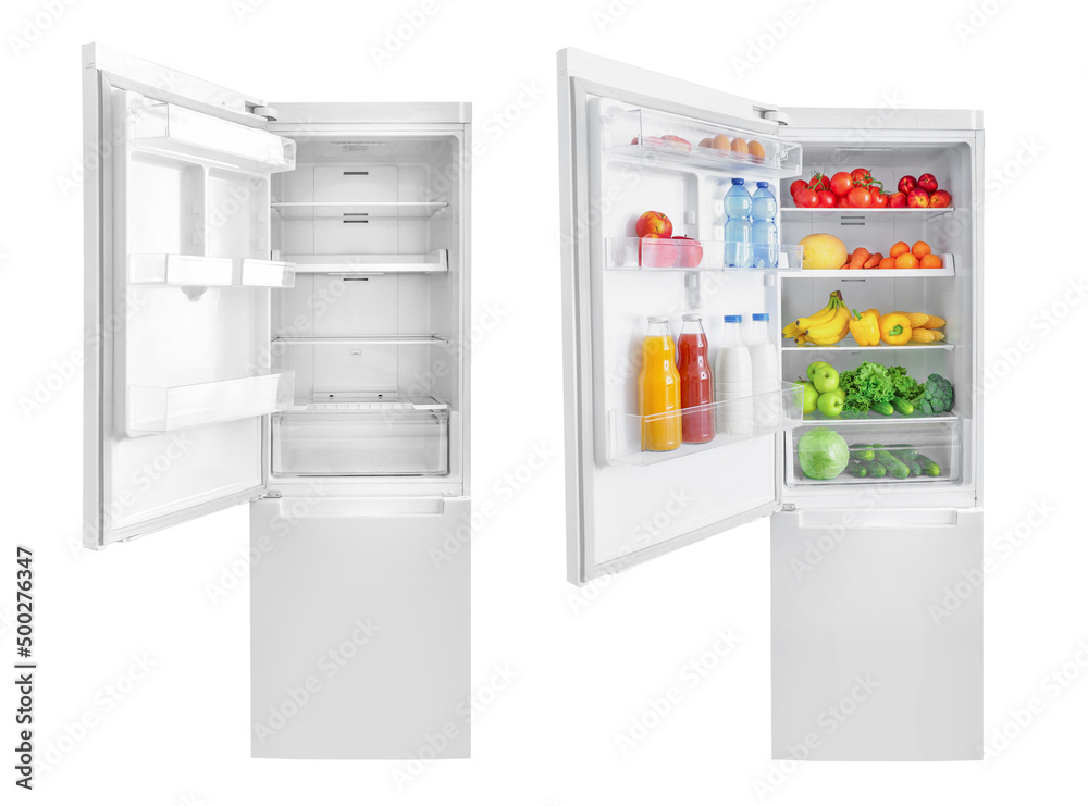 Set of open empty fridge and fridge full of vegetables isolated on ...