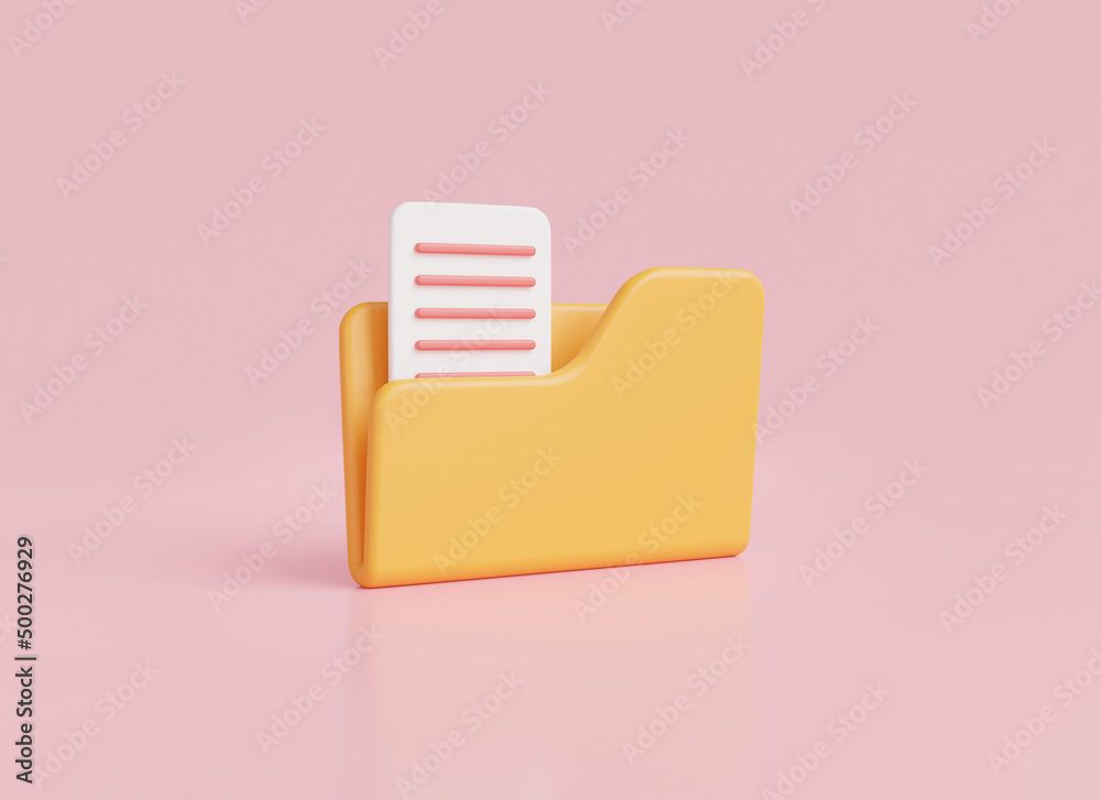 3D rendering illustration of folder icon with paper document isolated on pink background ...